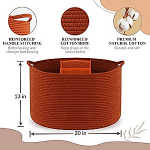 Maliton XXL Large Cotton Rope Basket Large Basket for Blankets, Towels, Pillows - Round Toy Basket with Pockets- Woven Laundry Basket with Handles - 20" x 20" x 13" Nursery Hamper Bin, Burnt Orange