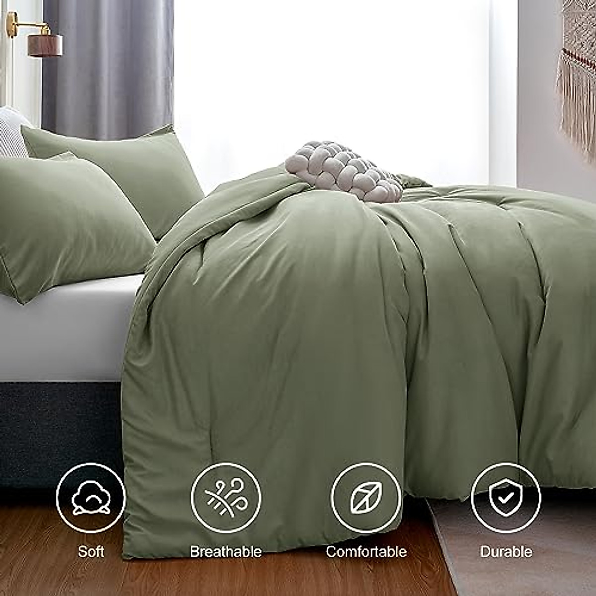 CozyLux Olive Green Comforter Set Full Size, 3 Pieces Solid Breathable Quilted Style Bedding Sets, Luxury Fluffy Soft Microfiber Comforter for All Season(1 Comforter & 2 Pillowcases)