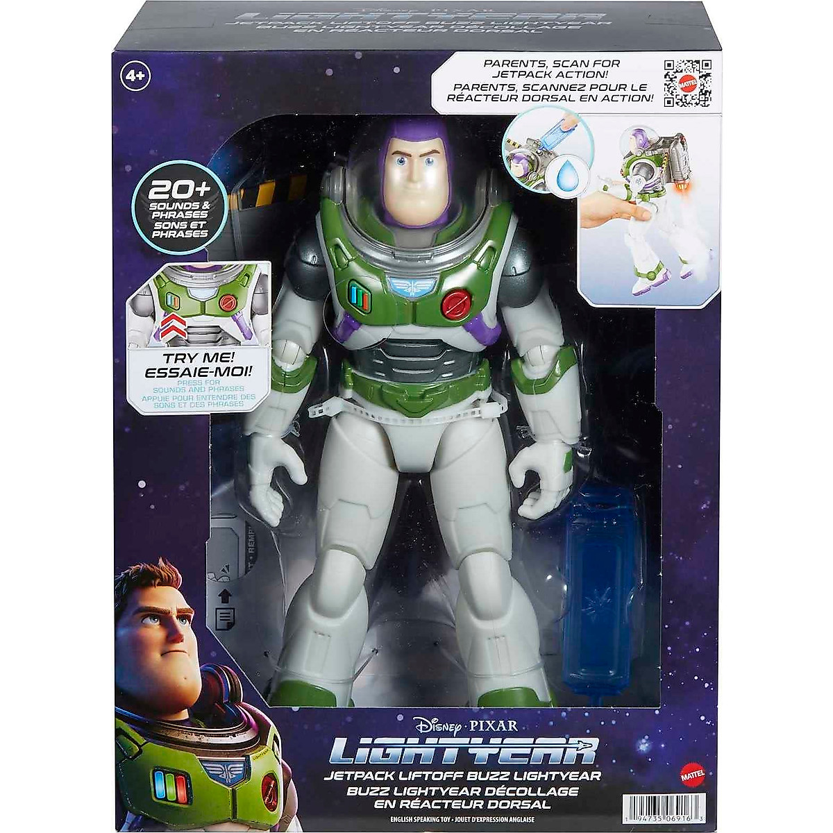 Mattel Disney Pixar Lightyear Toys, Talking Buzz Lightyear Action Figure with Liftoff Vapor Trail, 20 Sounds, Jetpack with Expanding Wings