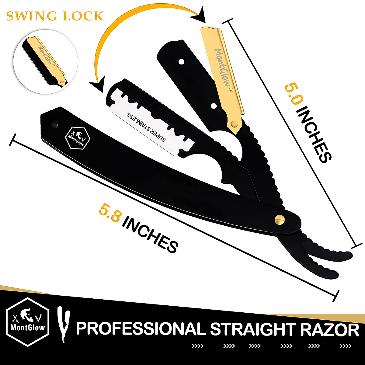 Professional Matte Black Barber Straight Razor with 10 Premium Quality Straight Edge Razor Shark Blades, For Smooth Shave and Lining Up Your Beard (Black)