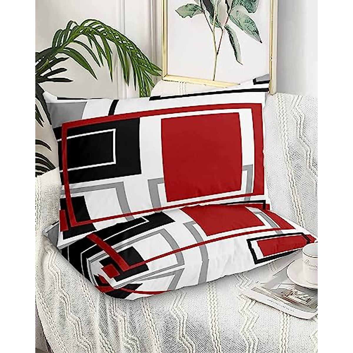 Edwiinsa Red Gray Black Geometric Pillow Covers King Standard Set of 2 20x36 Bed Pillow, Modern Abstract Art Aesthetics Plush Soft Comfort for Hair/Skin Cooling Pillowcases with Envelop Closure