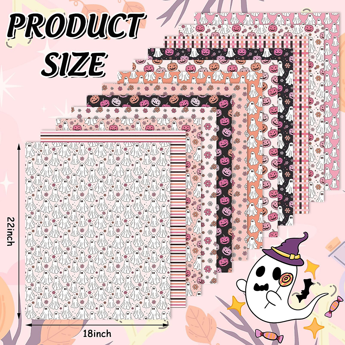 JarThenaAMCS 12Pcs Halloween Cotton Fabric Bundles 18 x 22 Inch Pumpkin Ghost Flower Fat Quarters Pink Black Holiday Sewing Fabrics for DIY Craft Party Decor