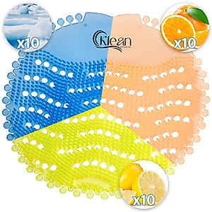 Urinal Screen Deodorizer (30 Pack) Scented Urinal Deodorizer (10 Ocean Mist+10 Orange+10 Lemon) for Restroom Urinals Disposable Gloves 30-Pack Urinal Mats Scented Urinal Screens Odor & Anti-Splash