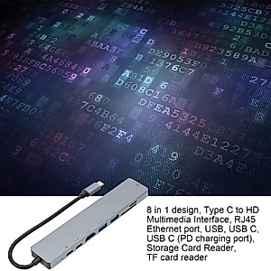 Type C Adapter, Type C to RJ45 USB3.0 USB C HD Multimedia Interface 8 in 1 Multifunctional 87W Fast Charging Long Service Life USB C Hub for Desktop for Laptop