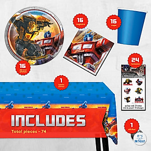 Transformers Birthday Party Supplies | Serves 16 | Transformers Party Supplies | Transformer Tablecover, Plates, Napkins, Cups, Tattoo Party Favors, Button