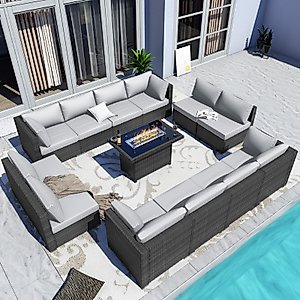 BULEXYARD Grey PE Wicker Patio Furniture Sectional Conversation Sofa Set with 43" Propane/Natural Gas Fire Pit Table, Large Size High Back Outdoor Furniture Set with Fireplace(13Pcs, Light Grey)