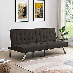 Penifun Convertible Folding Futon Sofa Bed Sleeper Couch for Living Room Linen Fabric Upholstered Loveseat, Solid Wood Frame/Stainless Leg, Espresso