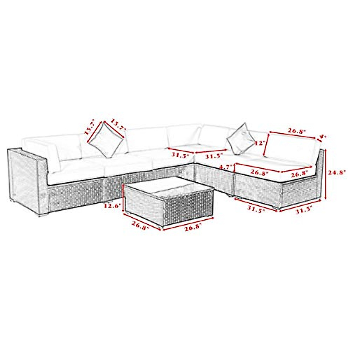 Tangkula 7 pcs Wicker Furniture Set Rattan Wicker Sofas Garden Lawn Patio Sectional Furniture Set Conversation Set with Weather Resistant Coffee Table and Cushioned Seat (Beige Cushion in Glass)