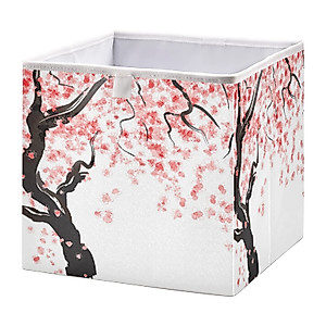 Poeticcity Red Pink Japanese Cherry Blossom Flowers Black Trunk on White Square Storage Basket Bin, Collapsible Storage Box, Foldable Nursery Baskets Organizer for Toy, Clothes Easy to Assemble