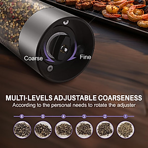Electric Salt and Pepper Grinder Set, Automatic Pepper Mill Grinder w/Upgraded Charge Base and LED Light,Adjustable Coarseness,Rechargeable Black Peppercorn & Sea Salt Spice Mill Set