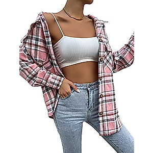 OYOANGLE Women's Plaid Long Sleeve Button Front Drop Shoulder Tunic Blouse Flannel Shirts Pink White L