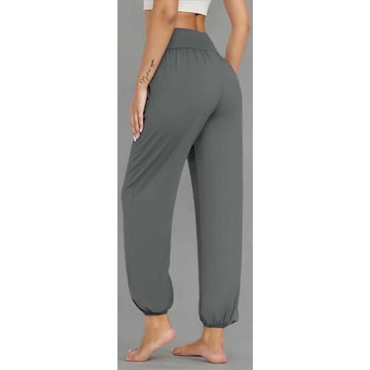 UEU Women's Harem Crossover High Waisted Flowy Pants Yoga Joggers with Pockets Lounge Pajamas Casual Loose Sweatpants MidGray XL