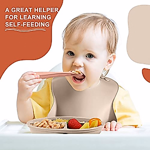 Potchen 10 Pack Silicone Baby Feeding Set, Toddlers Led Weaning Supplies with Suction Bowl Divided Plate Adjustable Bib Soft Spoon Fork, Infant Self Eating Utensil Set (Beige, Orange)