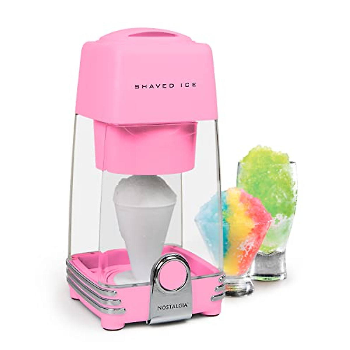 Nostalgia Retro Electric Table-Top Snow Cone Maker, Vintage Shaved Ice Machine Includes 1 Reusable Plastic Cup and Ice Mold, Pink