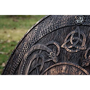 Kasmiartgallery Medieval Viking Shield with Carved Norse Runic Ornaments Shield Celtic Ornament Green