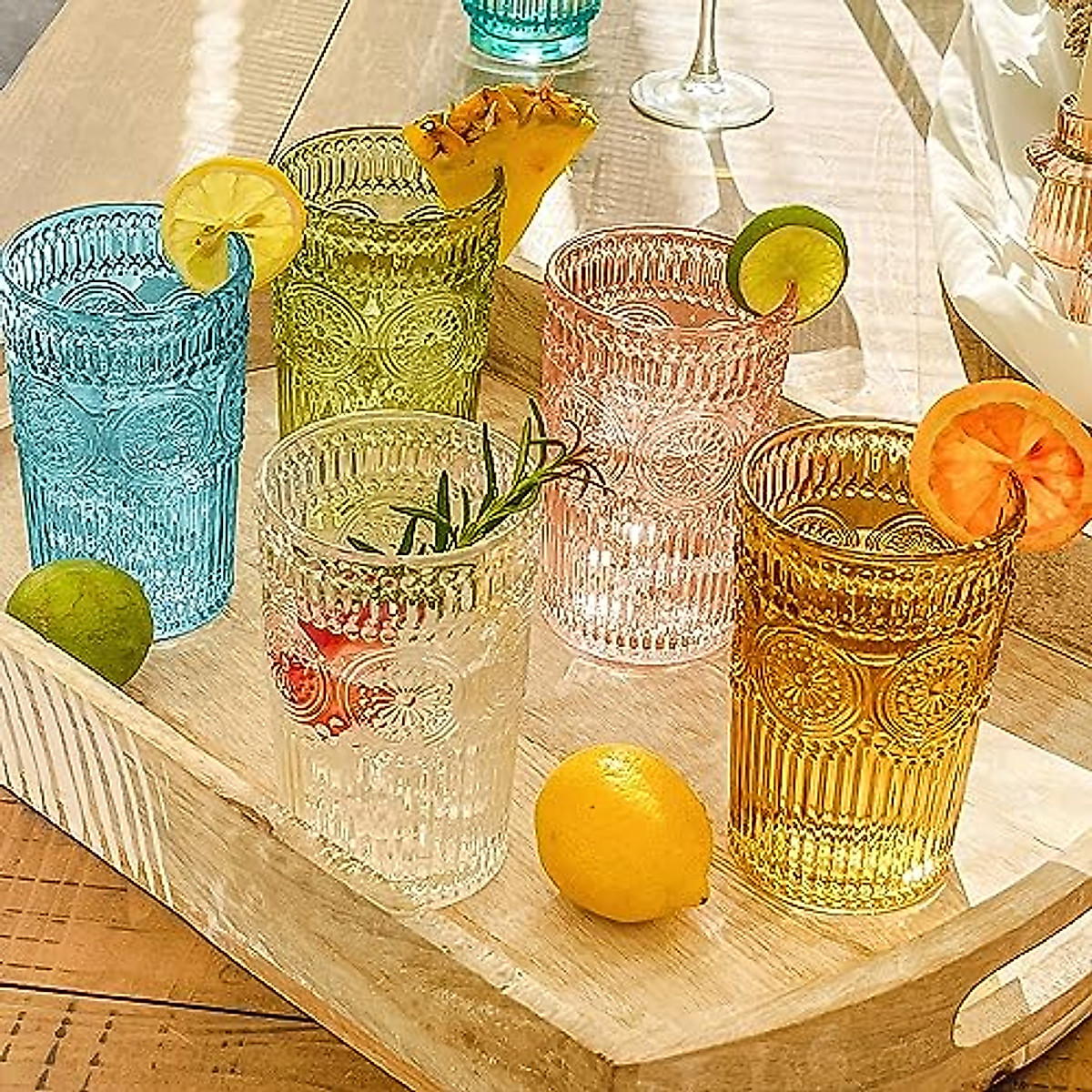 Vintage Textured Rose Gold Striped Drinking Glasses Set of 6, (13 oz) Ribbed Glassware Set | Cocktail Set, Ice Tea Glasses, Juice Glass, Water Cups