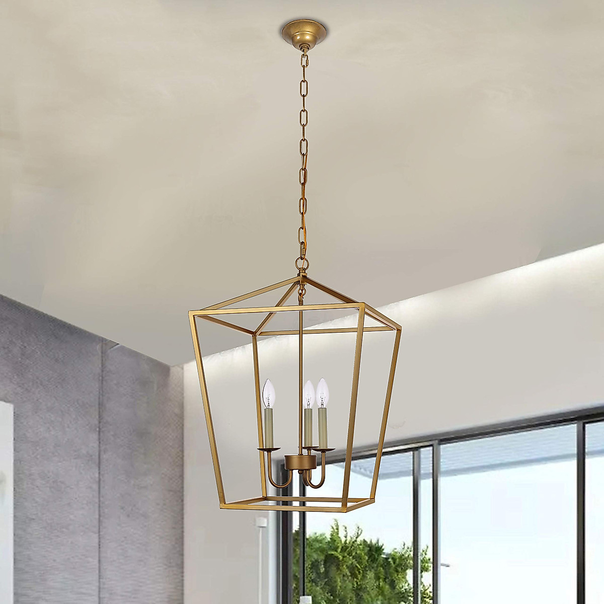 Foyer Lantern Pendant Light Fixture, Dst Gold Iron Cage Chandelier Industrial Led Ceiling Lighting, Size: D17'' H25'' Chain 45''