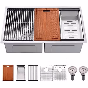 33 Inch Double Bowl Undermount Kitchen Sink Workstation-Bokaiya 33x19 Stainless Steel Undermount Double Bowl Kitchen Sink 16 Gauge Deep 50/50 Low Divide Undermount Sink