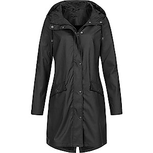USYY Women's Rain Jacket Plus Size Long Raincoat Lightweight Hooded Windbreaker Waterproof Jackets with Pockets, Black, XX-Large