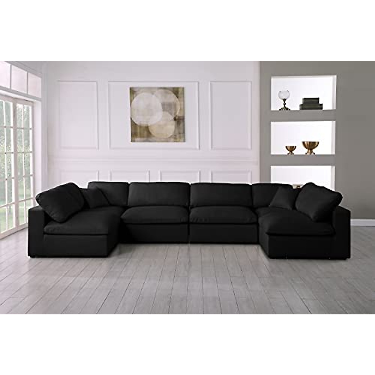 Meridian Furniture Plush Collection Contemporary Down Filled Cloud-Like Comfort Overstuffed Velvet Upholstered Modular U-Shaped Sectional, 6-Seater, Armless, Black