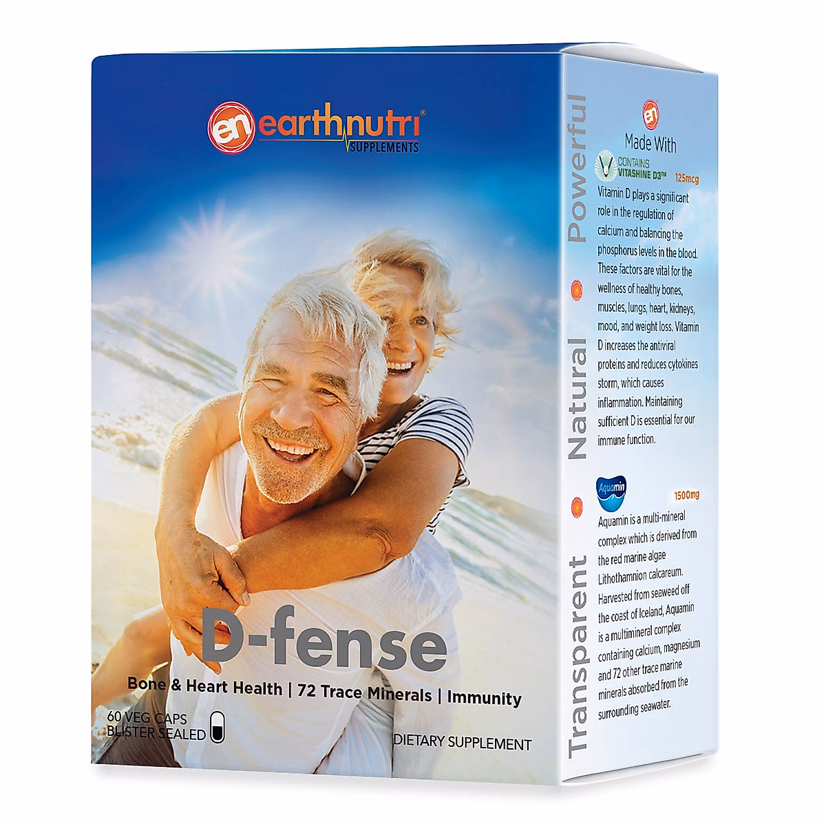 EarthNutri D-fense Bone & Heart Health, 72 Trace Minerals, Immunity, Vitamin D3 Vitashine, Calcium, Iron, and Magnesium Aquamin - 60 Veg Cap, Blister Sealed.