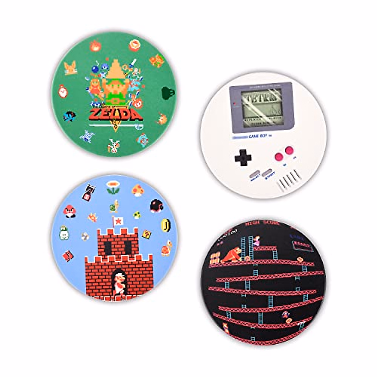 Pounchi Retro Video Game Coaster （4 Pack ） Game Lovers Absorbent Coasters Retro Drink Coasters for Game Lovers with Cork Base Bar Coasters Round Stone Coasters Car Coasters Set for Teens