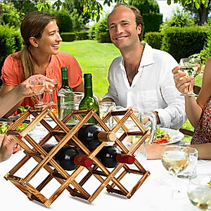GADIEDIE 10 Bottles Capacity Foldable Free Standing Wooden Wine Rack Countertop Wine Racks,Storage Wine Rack, for Kitchen, Bars, Pantry, Wine cellars, Wine Storage cabinets ,Carbonized Wood Color