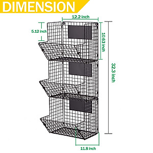 Wall Mounted Wire Basket Hanging Fruit Basket, 3 Tier Kitchen Storage Bins Fruit Vegetable and Pantry Organizier Stand, Produce Rack, Black,