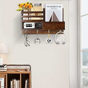 Key Holder Wall Mount, Mail Organizer with Key Hooks, Solid Wood Mail Holder with Hook Rustic Home Decor for Command Center Entryway Mudroom Hallway Doorway