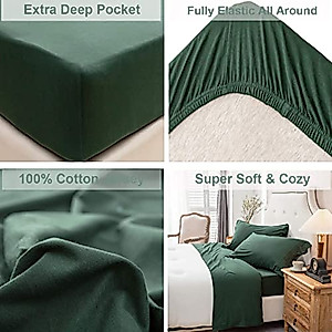 PURE ERA Jersey Knit 4pc Bed Sheet Set 100% T-Shirt Cotton Super Soft Comfy Breathable Fits Mattress Up to 20" Extra Deep Pocket (Solid Forest Green, Queen)
