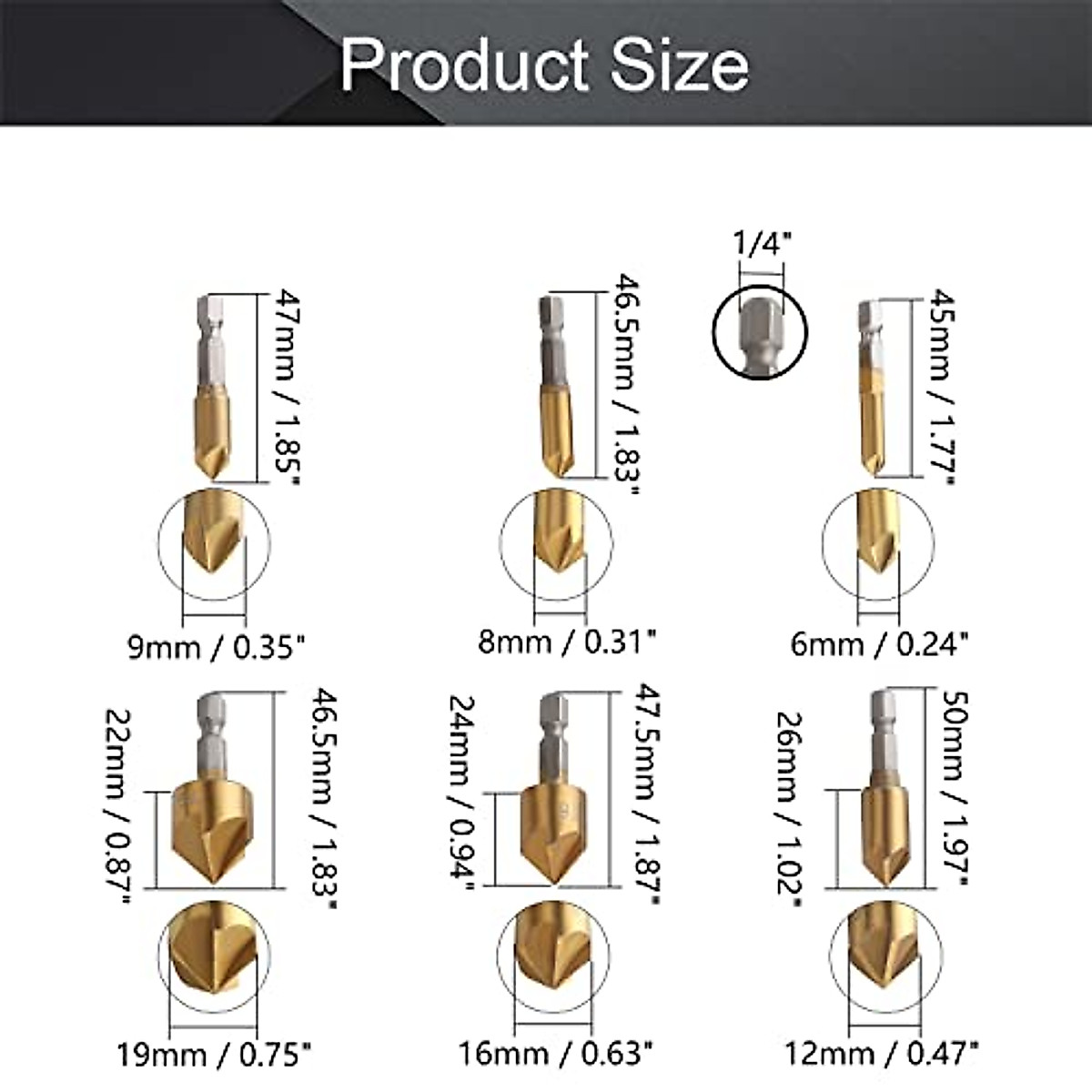 Utoolmart Countersink Drill Bit Hex Shank HSS 5 Flute Countersink Center Punch Tool Sets for Wood Quick Change Bit 6mm-19mm Five-Edged Chamfer
