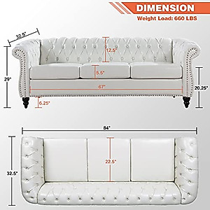 Wlvos 84" Leather Chesterfield Sofas for Living Room, Rolled Arm 3-Seater Large Couch Deep Button Nailhead Tufted Upholstered Couches for Bedroom, Office Apartment Easy to Assemble (Beige)