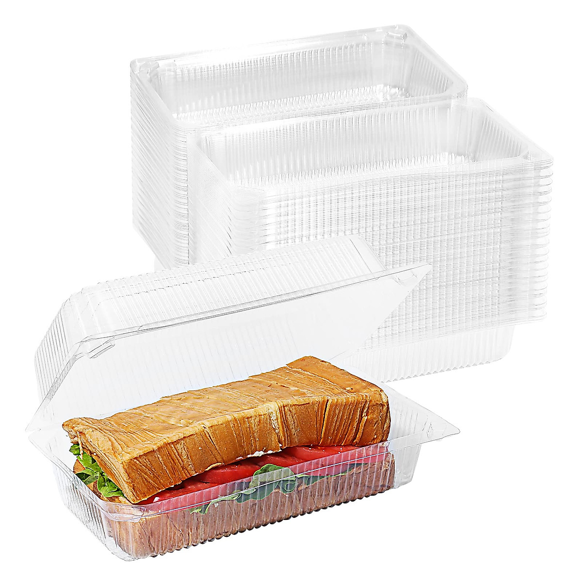 MANSHU 100 Pcs Clear Plastic Take out Containers,Disposable Clamshell Dessert Container with Lid, for Salads, Pasta, Sandwiches (8.66x5.12x3.15 in).