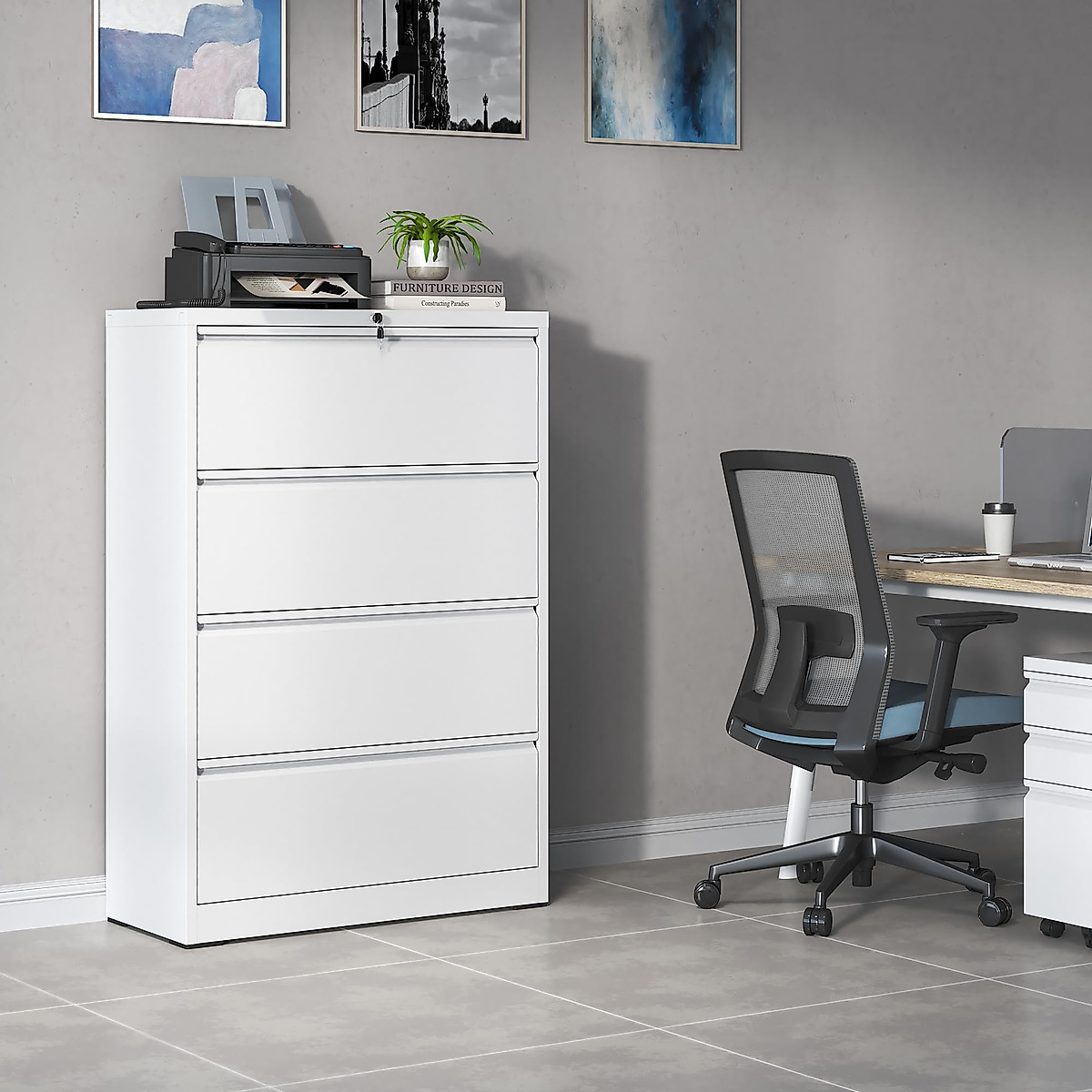 BIZOEIRON 4 Drawer Lateral File Cabinet and 2 Drawer File Cabinet with Lock, White