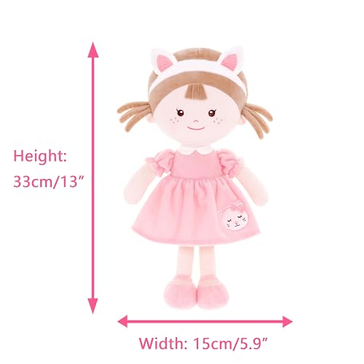 Onetoo First Baby Doll Cuddle Buddy Doll Soft Baby Doll Baby Dolls Plush Rag Doll Wear Kitty Costume PinkDress 14"（Milly Series）