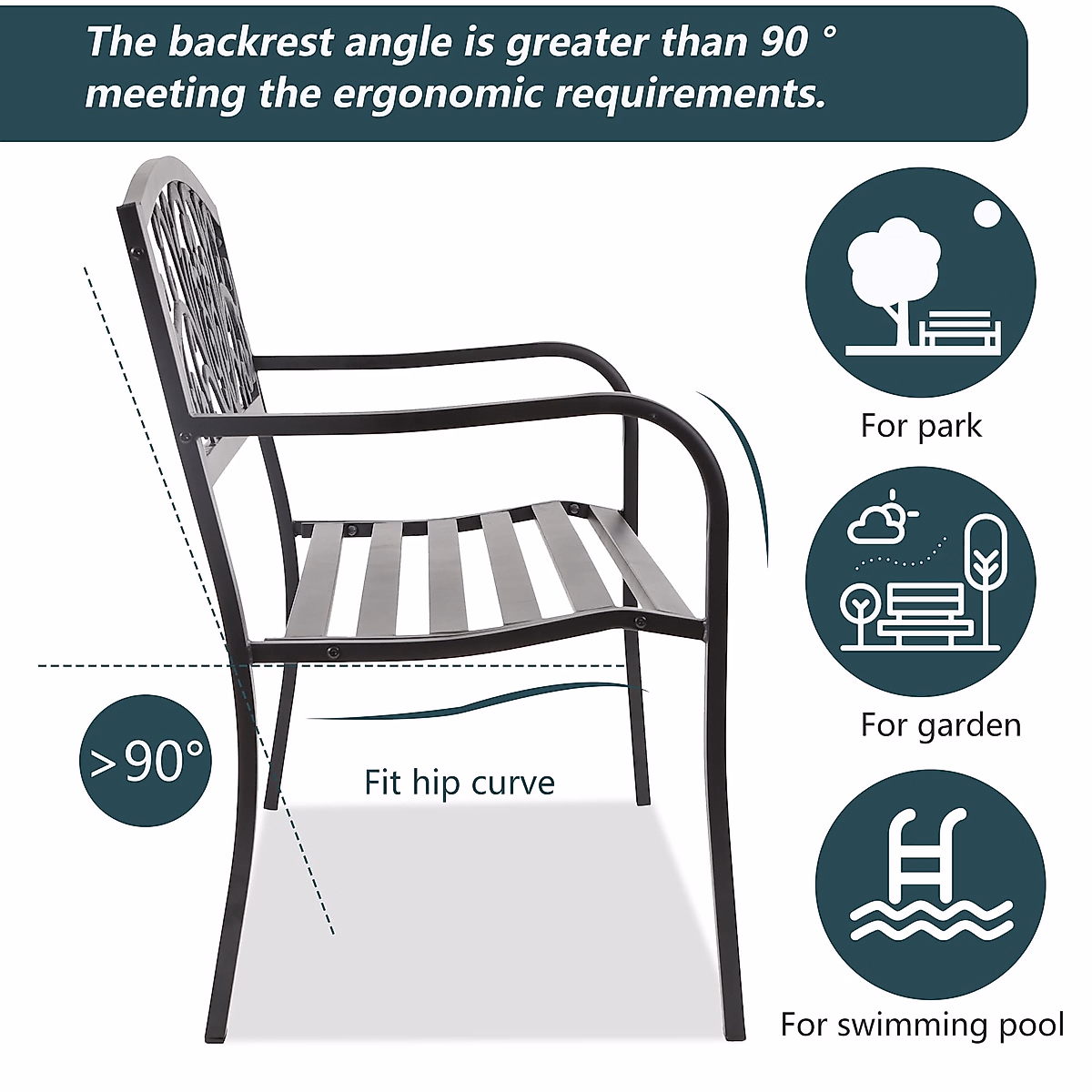Ruesleag Garden Bench,Outdoor Bench Metal Bench Patio Porch Furniture with Sturdy Steel Frame for Lawn Park Deck Black