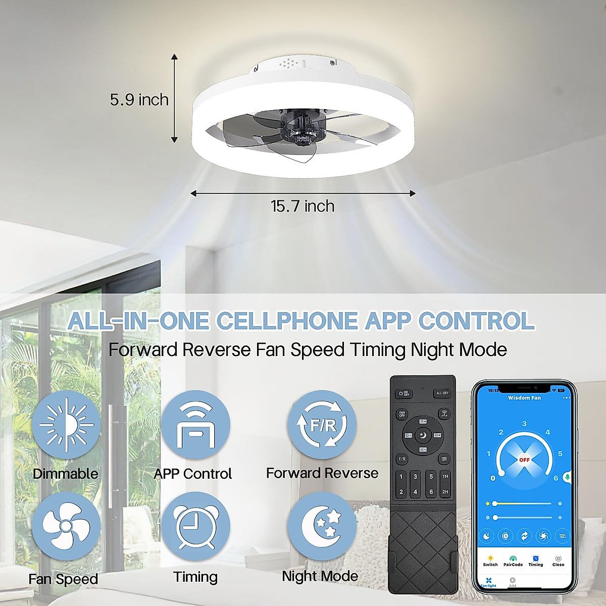 Ceiling Fans With Lights 15.7in, Low Profile Ceiling Fan Flush Mount With Remote, Dimmable LED 3 Color 6 Speeds Timing, Reversible Bladeless Modern Ceiling Fans Fandelier For Bedroom Living Room,White