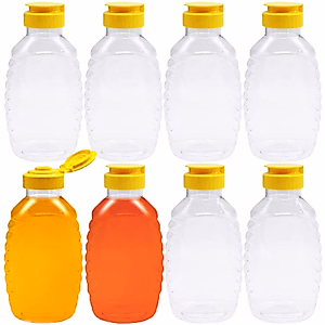 8 Pcs 16oz Clear Plastic Honey Bottles,Refillable Squeeze Honey Containers Jars for Storing Dispensing Fresh Honey,Syrup,Leak Proof Flip-Top Lids