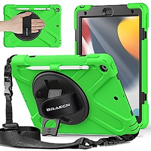BRAECNstock for Apple iPad 9th 8th 7th Generation Case 2021 2020 2019 Shockproof iPad 10.2 Case Cover with Screen Protector Pen Holder Rotating Stand+Hand Strap Kids Case for iPad 9th 8th Gen - Green