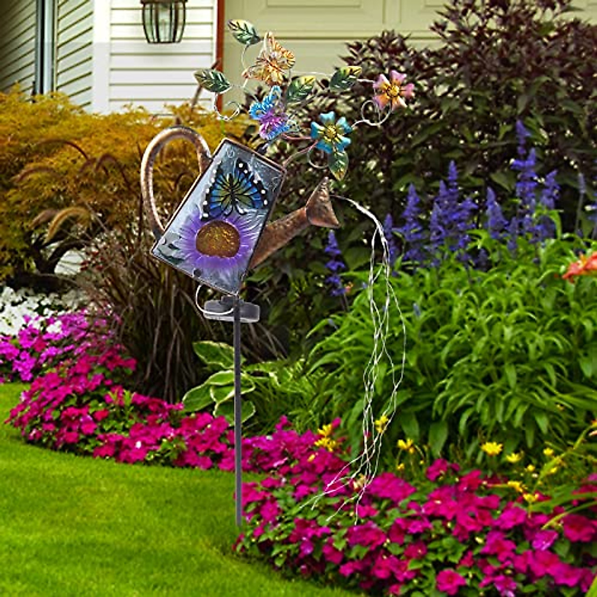 Solar Outdoor Watering Can Lights-Butterfly Decorative Path Lights, Metal Glass Solar Powered Garden Waterfall Decor Ornament for Yard Lighting Outside