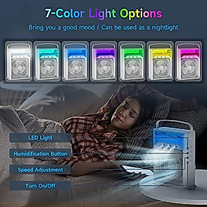 Portable Air Conditioner,4-In-1 Personal Air Cooler Mini Evaporative Fan, Portable AC Mobile Air Conditioner with 360°Rotation, 7 LED Light,3 Wind Speeds, 3 Spray Modes for Office Desk Bedroom Kitchen