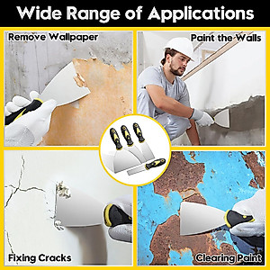 4 Pcs Putty Knife Set with Gloves, 1“ 2” 3“ 5” Stainless Steel Paint Scraper, High Quality Putty Knife, Spackle Knife, Suitable for Removing Wallpaper, Tape, Applying Putty Scraper Tool