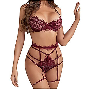 wodceeke Women's Lace Sling Sexy Split Plus Size Lingerie Perspective Embroidered Pajamas Bandage Bodysuit With Garter (Wine, S)