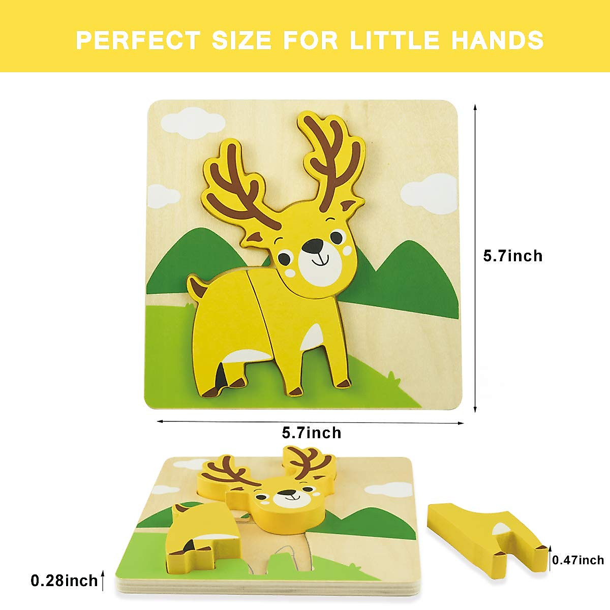 GYBBER&MUMU Wooden Thickened Animal Puzzle Toy Set Panda Deer Owl Duck Fox Puzzle Toy Hand-Eye Coordination Intellectual Toy Set for Preschool (Deer)