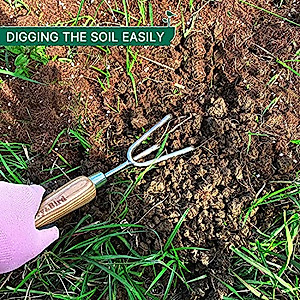 Berry&Bird Garden Hand Cultivator, Stainless Steel Handheld Triple Claw Hand Rake with Ergonomic Wooden Handle and Leather Strap, Heavy Duty Garden Tilling Tool for Weeding, Turning Soil, Cultivating