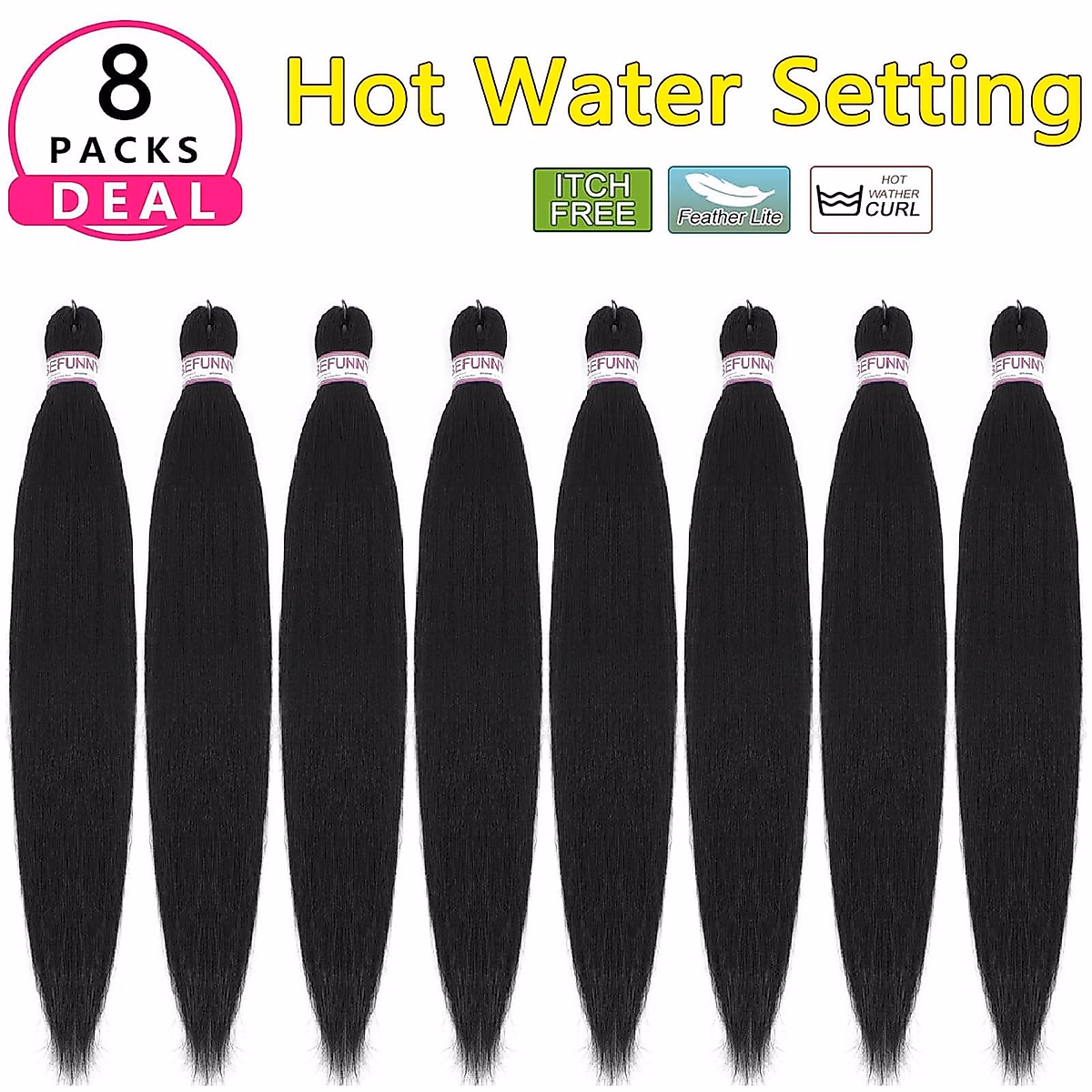BEFUNNY Pre Stretched Braiding Hair 8 Packs 24 Inch Professional Pre Stretched Crochet Hair For Human Braiding Or Twist Natural Black Yaki Perm Straight Synthetic Hair Extension For Women(24", 1B#)