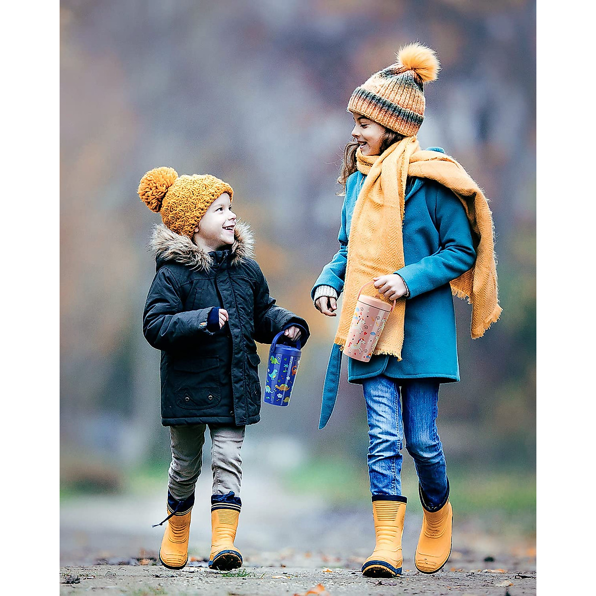 BUZIO Insulated Water Bottle for Kids (2 Pack), Modern Vacuum Insulated Hydro Bottle Leak-proof with Straw Lids, 14oz Double Walled Wide Mouth Sports Drink Flask, Blue Dinosaur