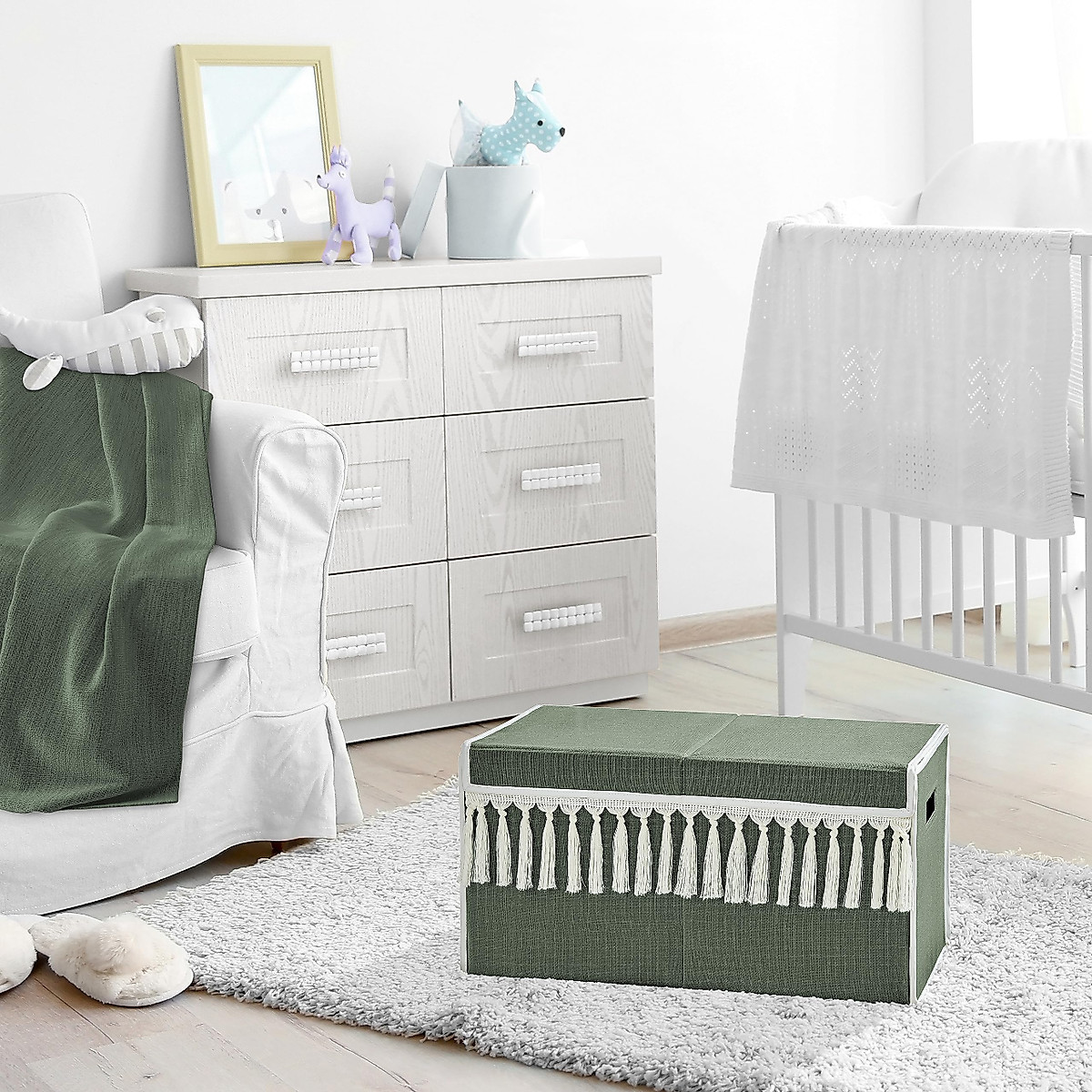 Sweet Jojo Designs Dark Green Boho Boy Girl Gender Neutral Collapsible Toy Storage Box Chest Organizer with Lid Baby Nursery Kids Childrens Room Sage Modern Bohemian Farmhouse Southwest Diamond Tuft
