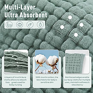Yoofoss Muslin Burp Cloths 6 Pack Baby Washcloths Large 20''X10'' 100% Cotton 6 Layers Super Soft and Absorbent - Dark Green