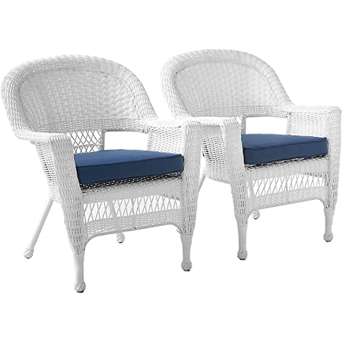 Jeco Wicker Chair with Blue Cushion, Set of 2, White/W00206-